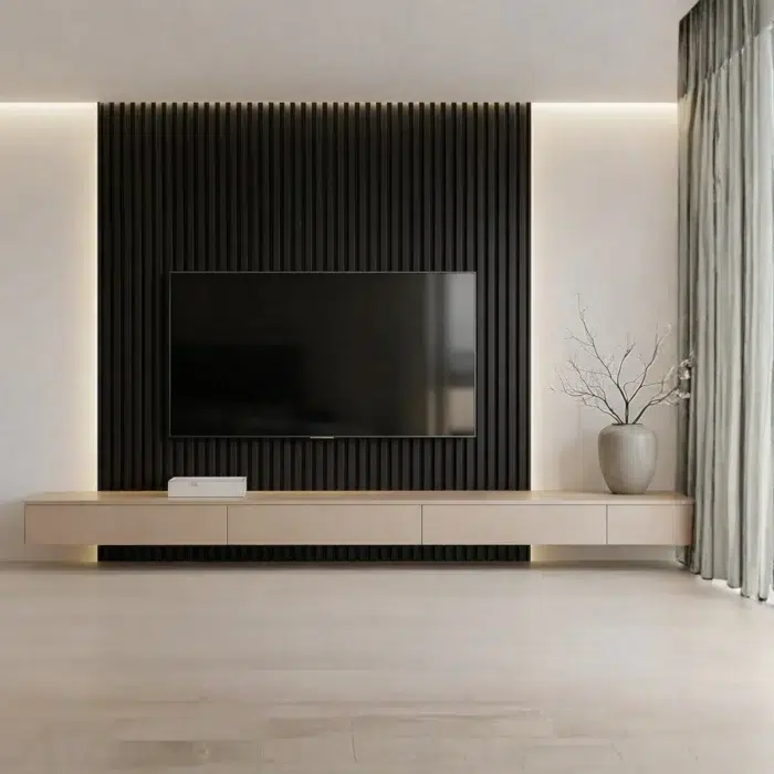Buy now Modern Floating TV Unit with Wood Slat Wall Panel | UAE